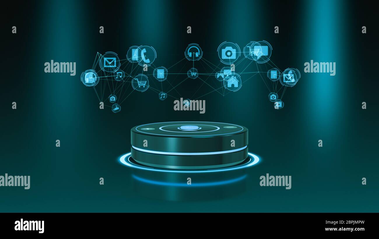 front view of a voice assistant device with iot icons, concept of smart ...