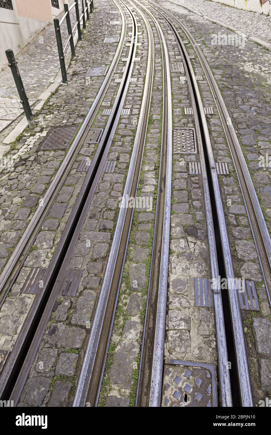 Tram tracks in the city, a detail metal rails for the tram, urban ...