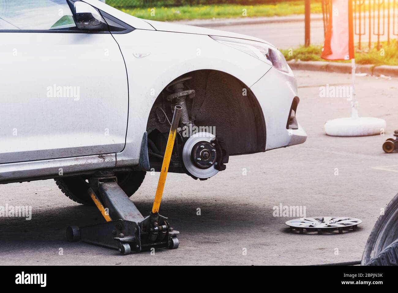 disc brake on car in process of new tire replacement Stock Photo - Alamy