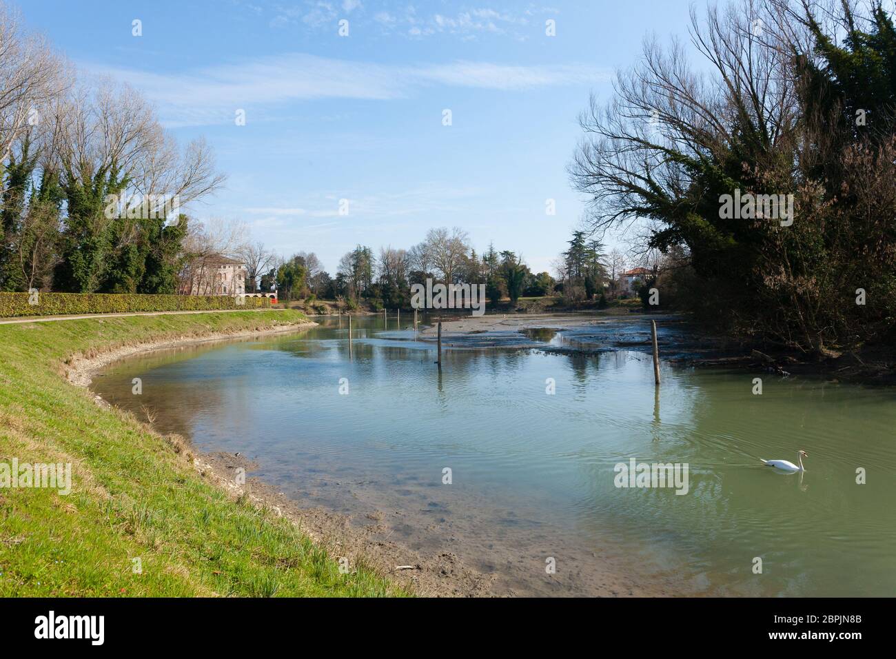 Walk path along Sile river. Sile river natural park, Italy. Sport and ...