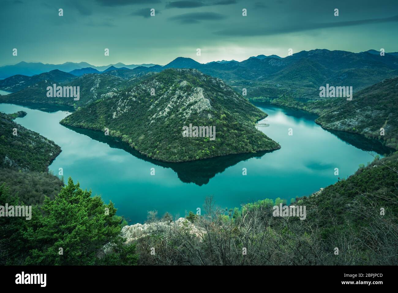 The hill called the Green Pyramid and the bend of the Rijeka Crnojevica River, Skadar Lake ...