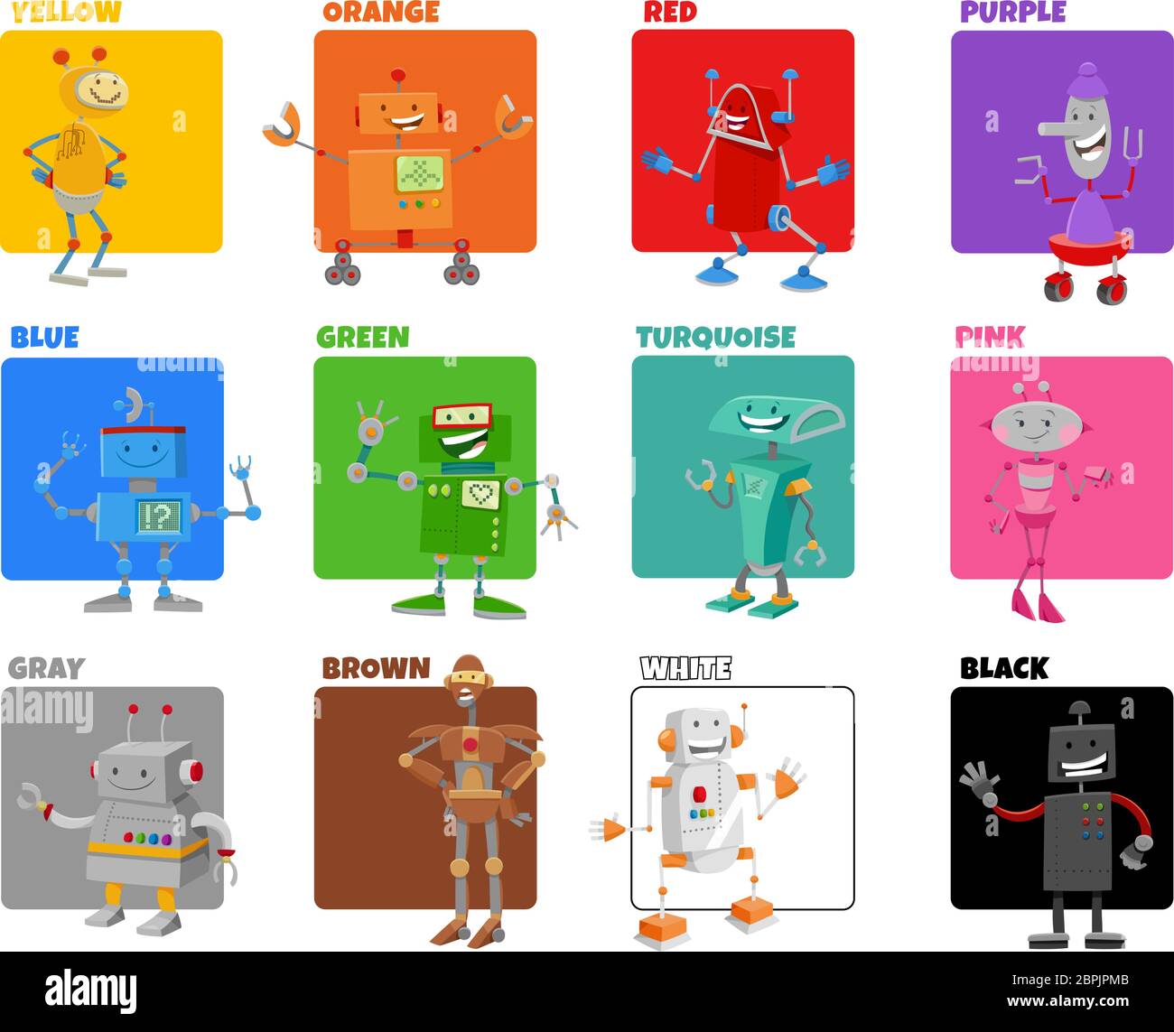 Cartoon Illustration of Basic Colors with Funny Robots Fantasy ...