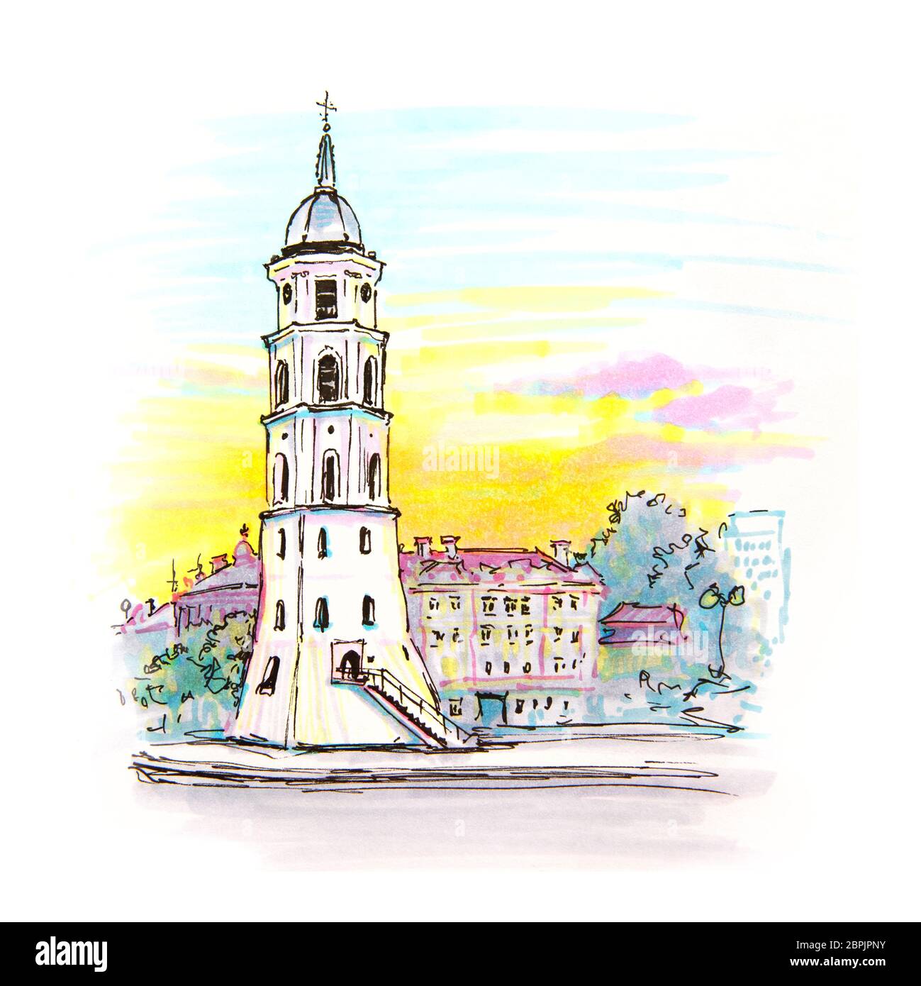 Color hand drawing, Gediminas Bell Tower at sunset in Vilnius ...