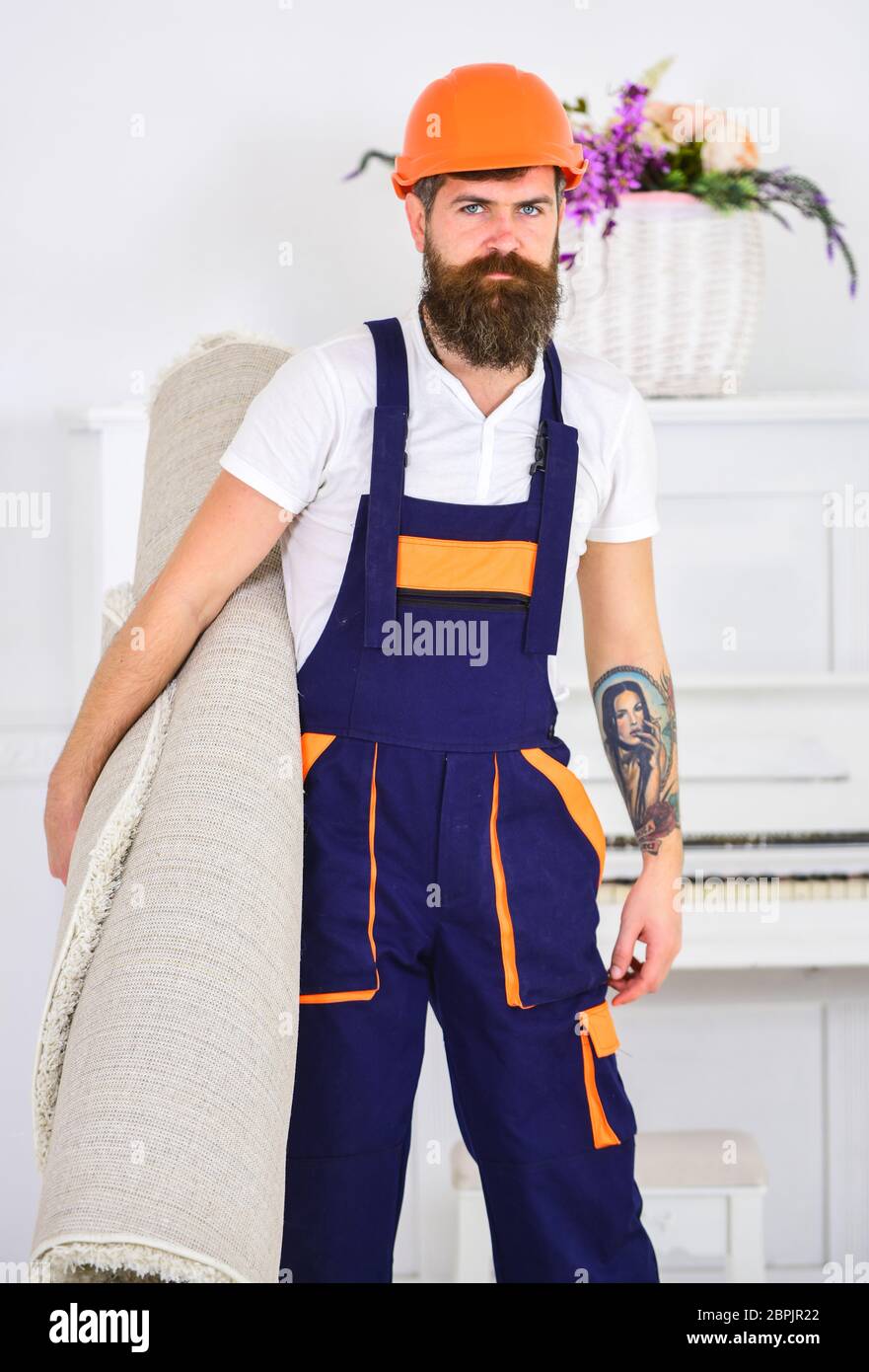 Cleaning service concept. Courier delivers furniture in case of move ...