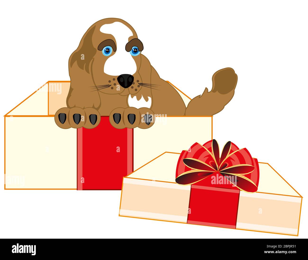 Vector illustration of the dog in gift to box by decorated bow Stock ...