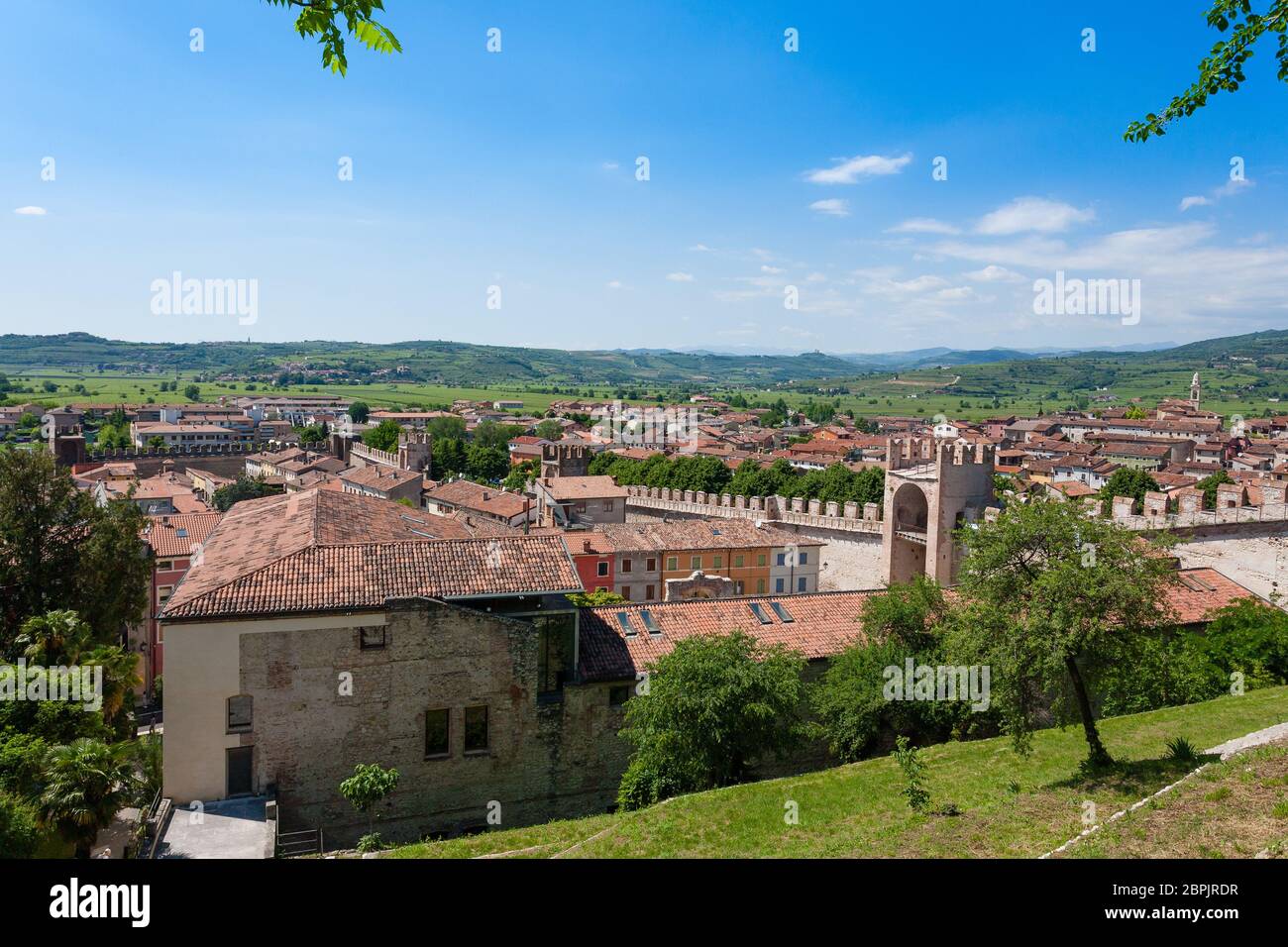 Aerial view of Soave, medieval walled city in Italy. Famous wine area ...