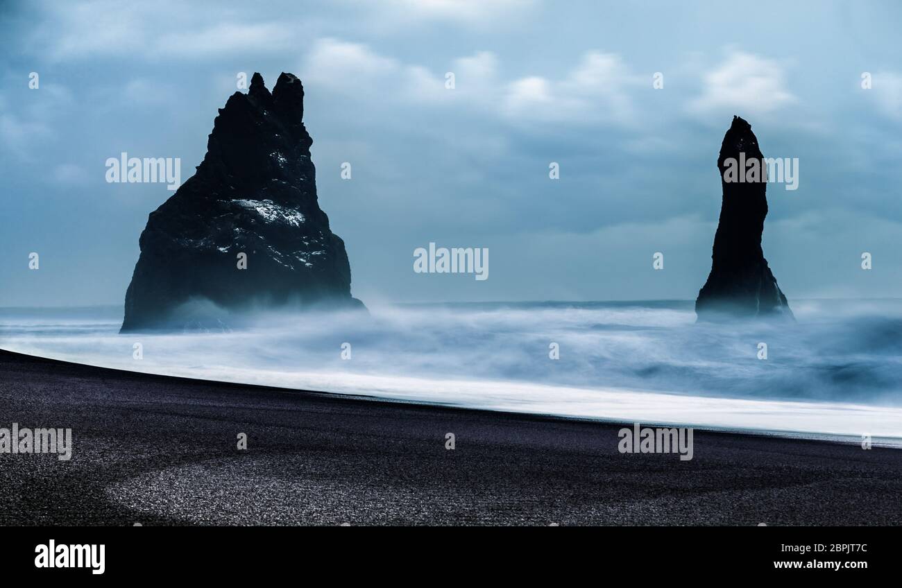 Iceland, amazing view on black sand beach of Vik Myrdal, exotic winter ...