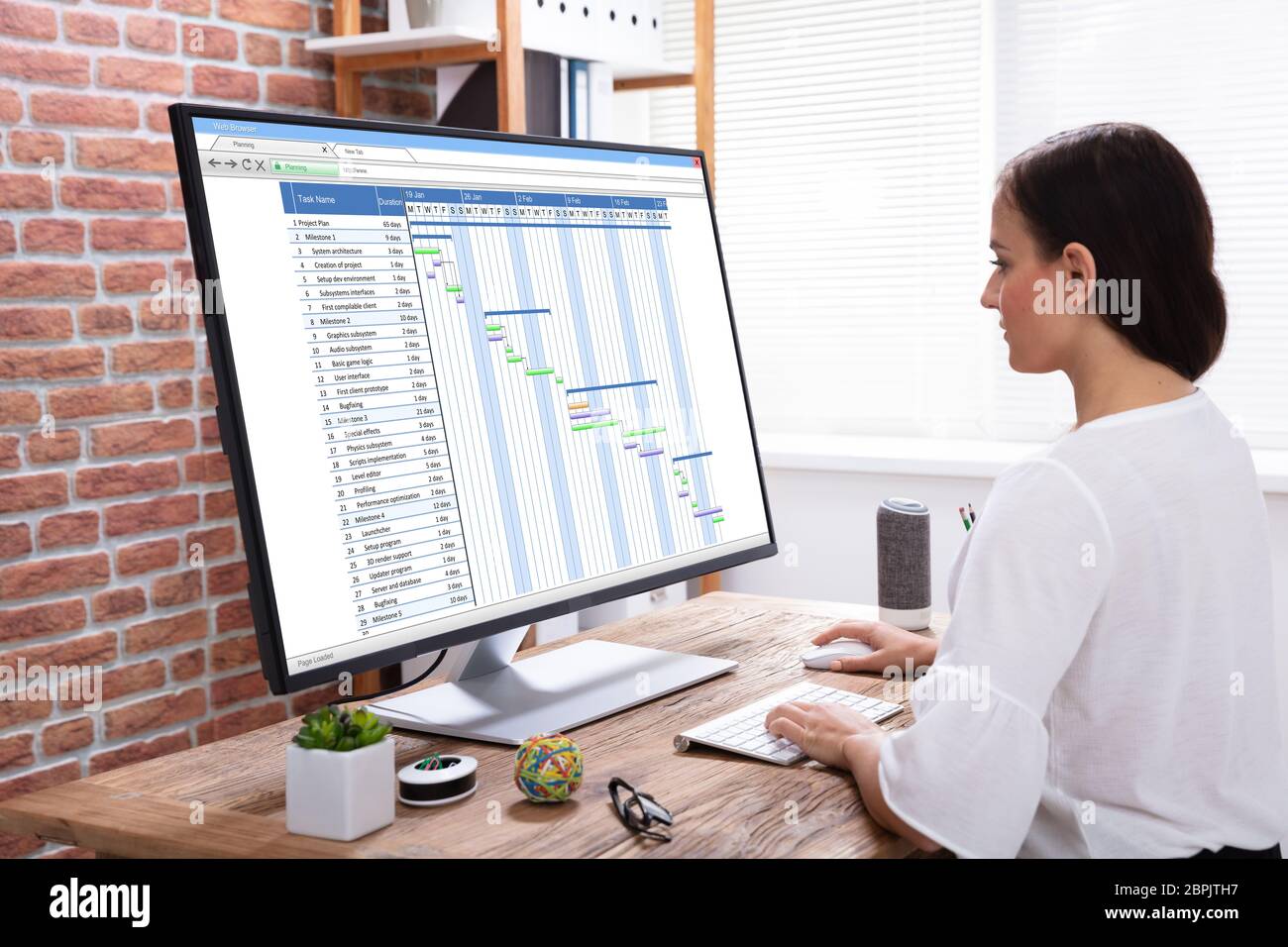 Close-up Of Professional Young Businesswoman Analyzing Gantt Chart On ...