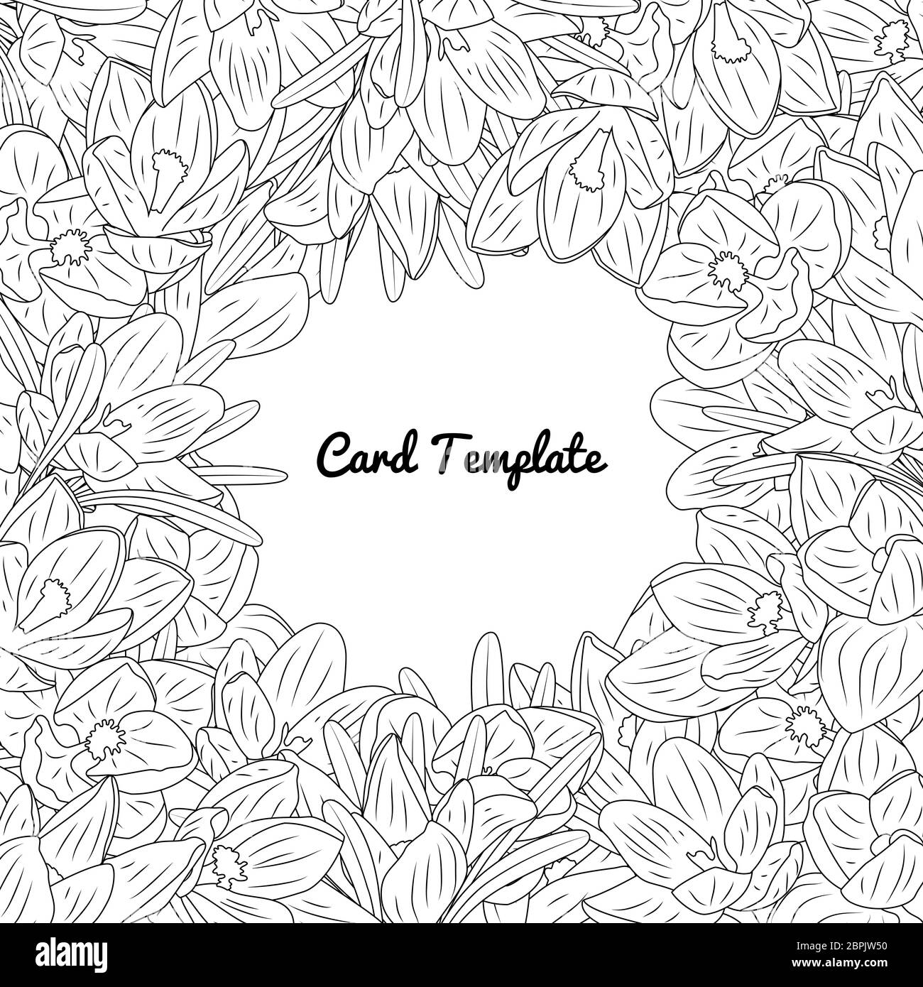 Square card template with monochrome hand drawn crocus flowers frame ...