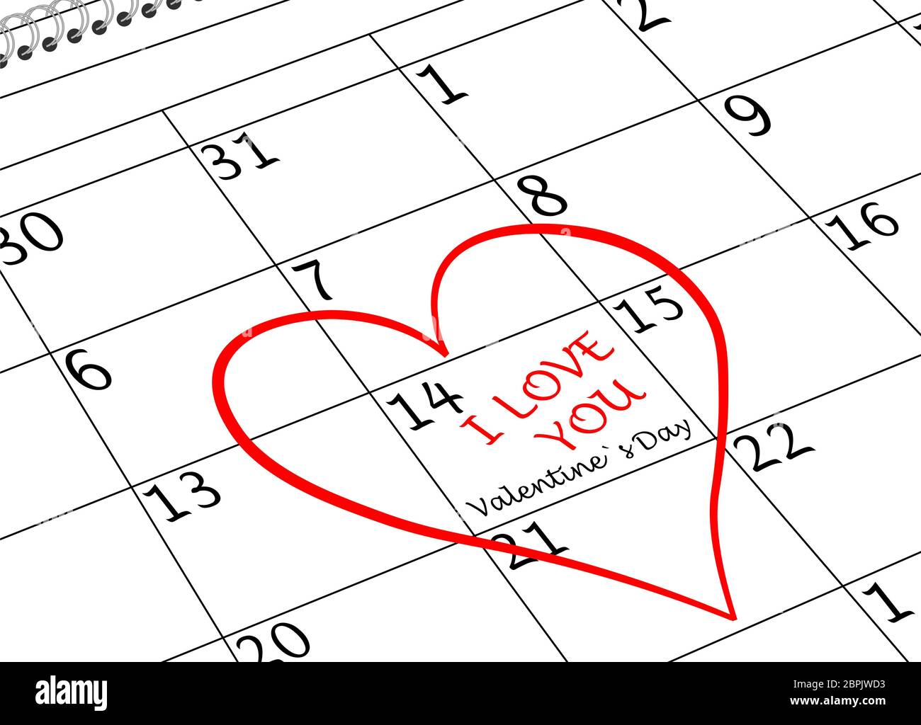 Valentine`s Day I love You Calendar Page with Heart and writing Stock ...