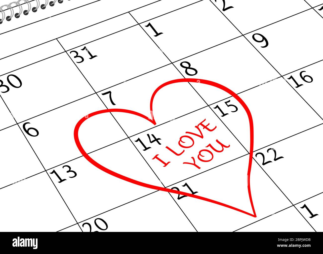 Valentine`s Day I love You Calendar Page with Heart Stock Photo - Alamy