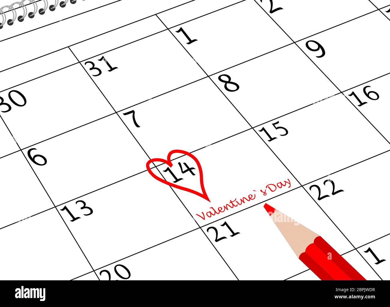 Valentine`s Day Calendar Sheet with Heart and Pen Stock Photo - Alamy