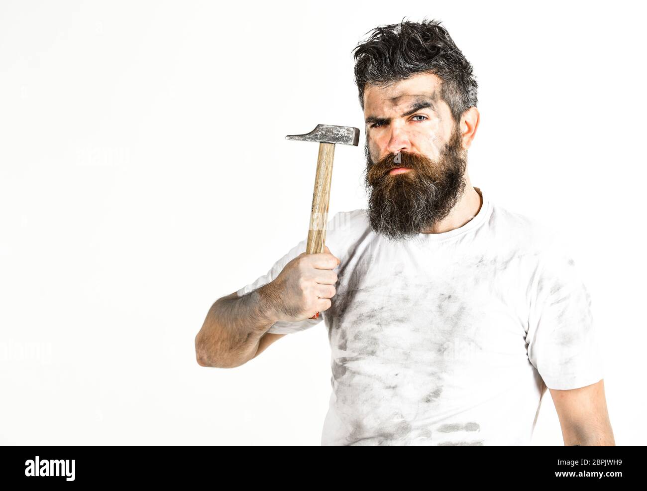 bearded worker man, long beard, brutal caucasian hipster with moustache ...