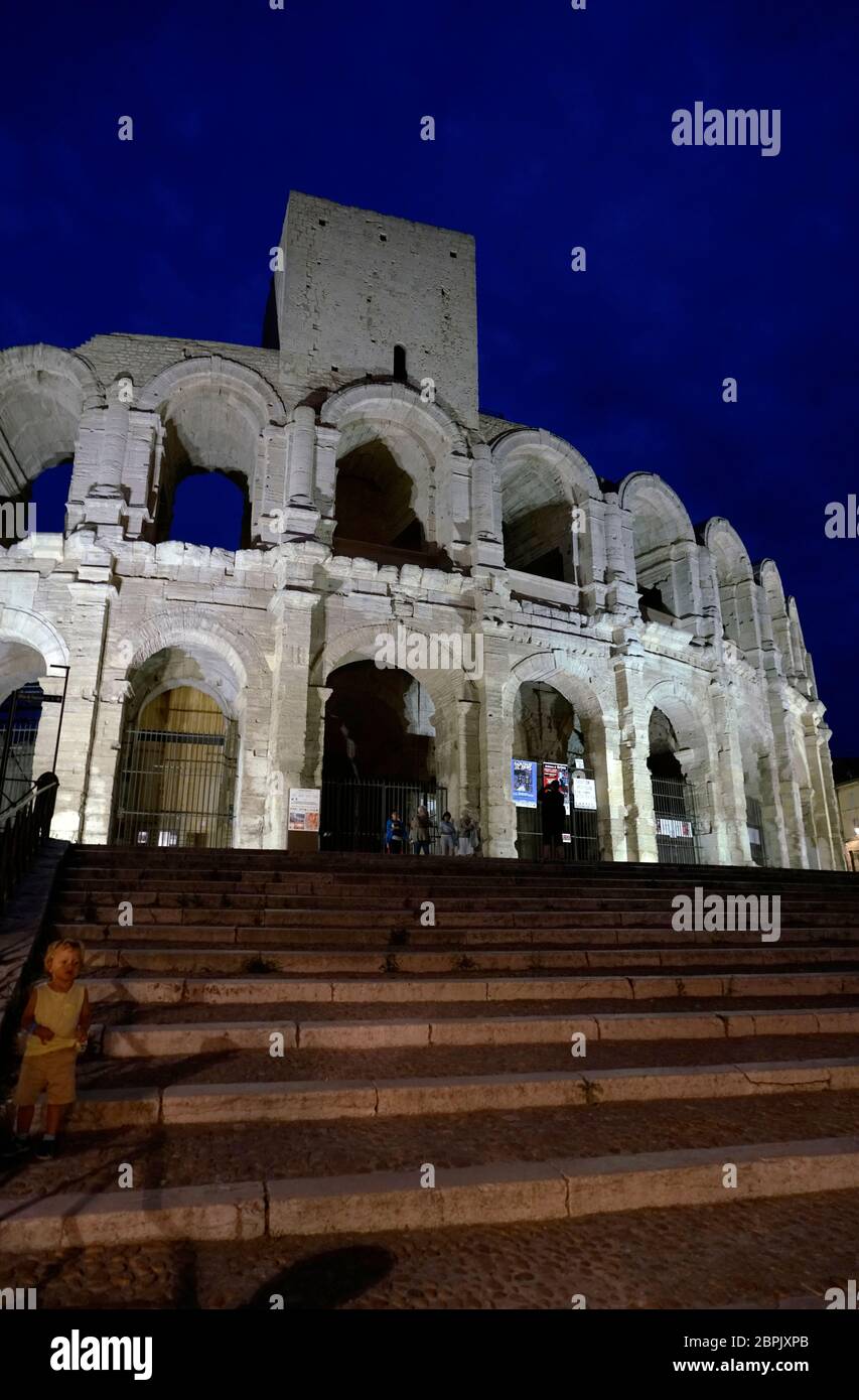 The night view Arles Amphitheatre with medieval tower.Arles.Bouches-du-Rhone.France Stock Photo ...
