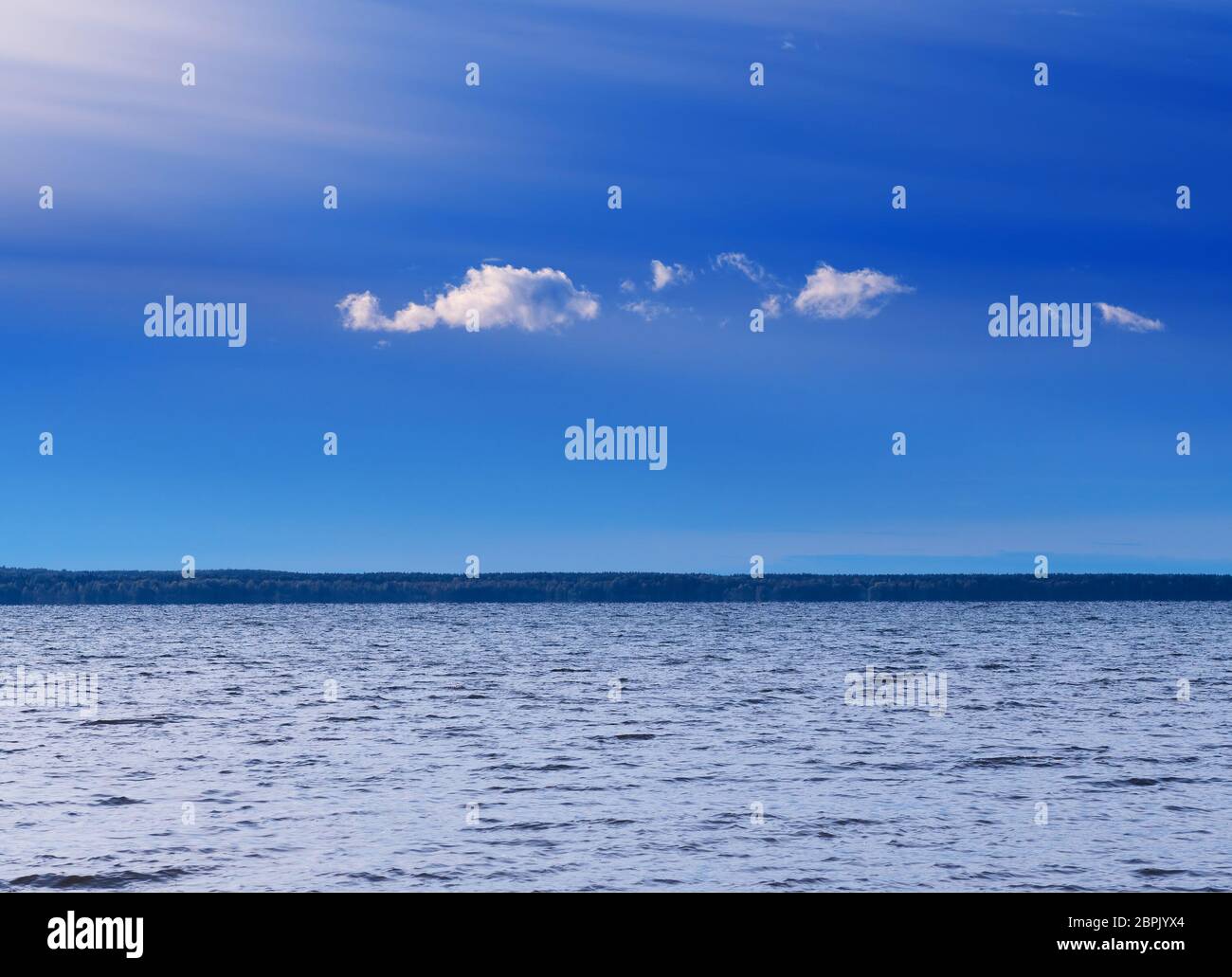Blue sky with clouds above river horizon landscape background Stock ...
