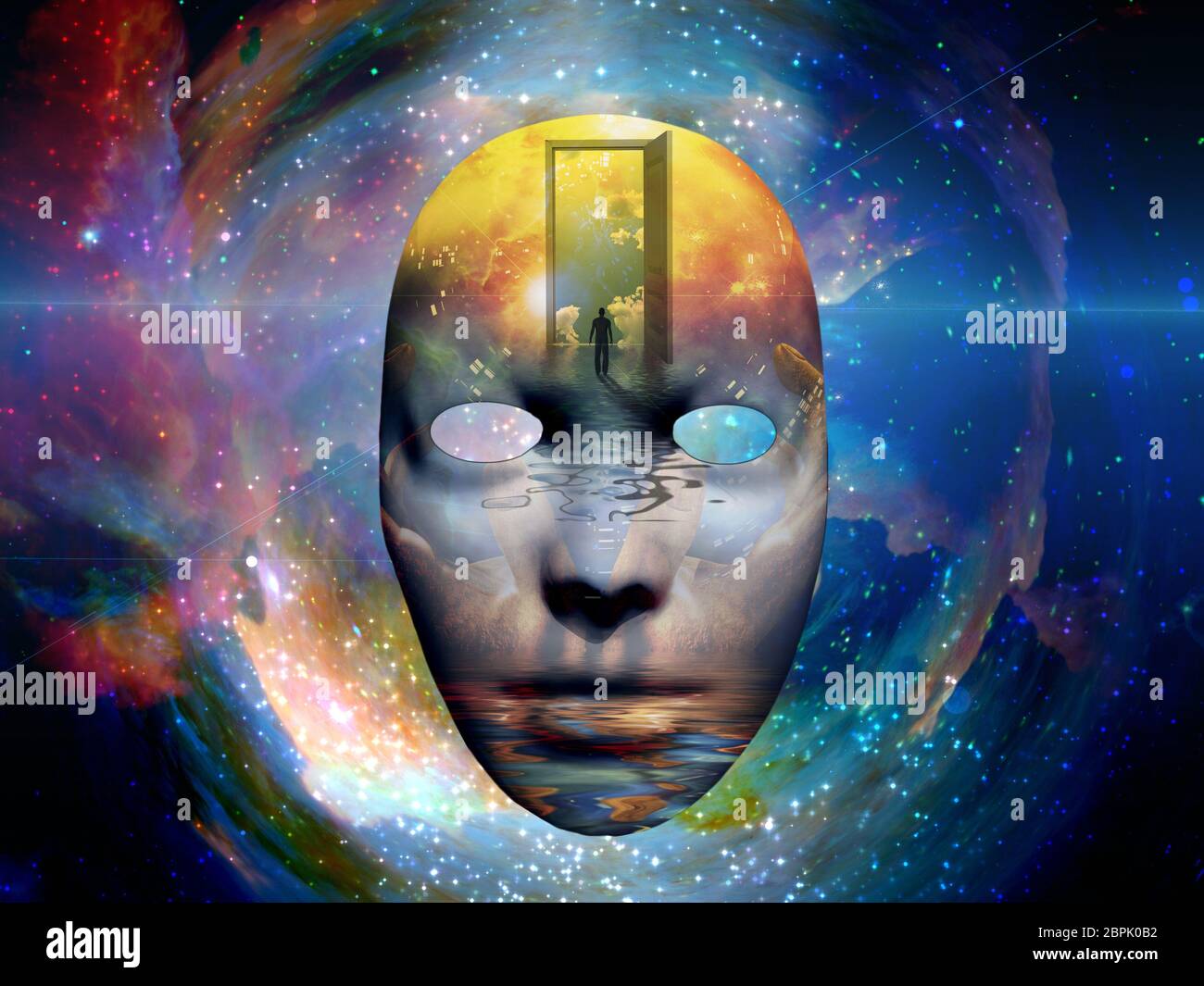Mask with the image of man and open door to another world at the ...