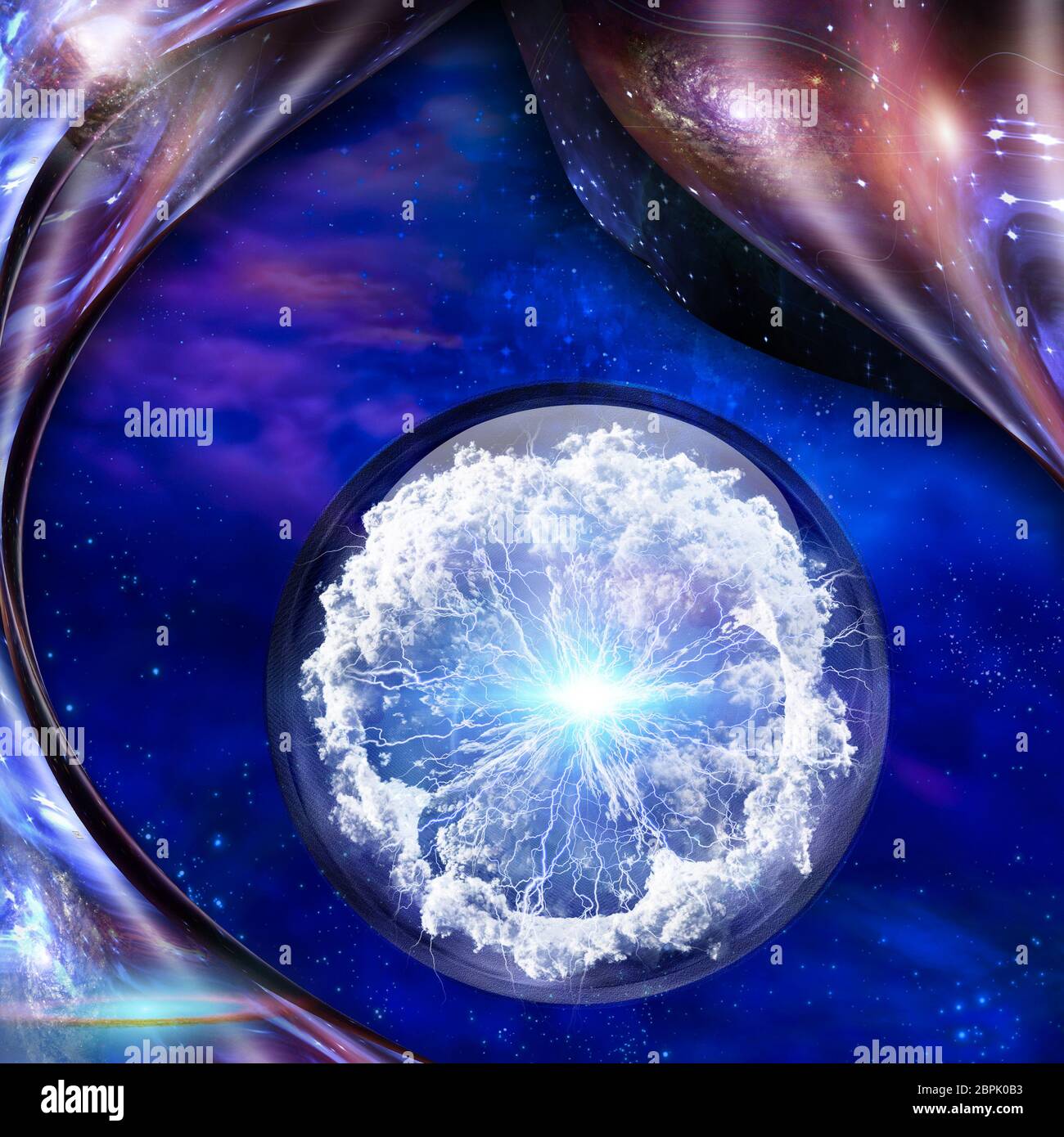 Abstraction. Bunch of lightnings. Pure energy inside crystal ball Stock ...