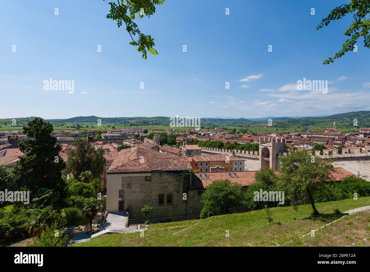 Aerial view of Soave, medieval walled city in Italy. Famous wine area ...