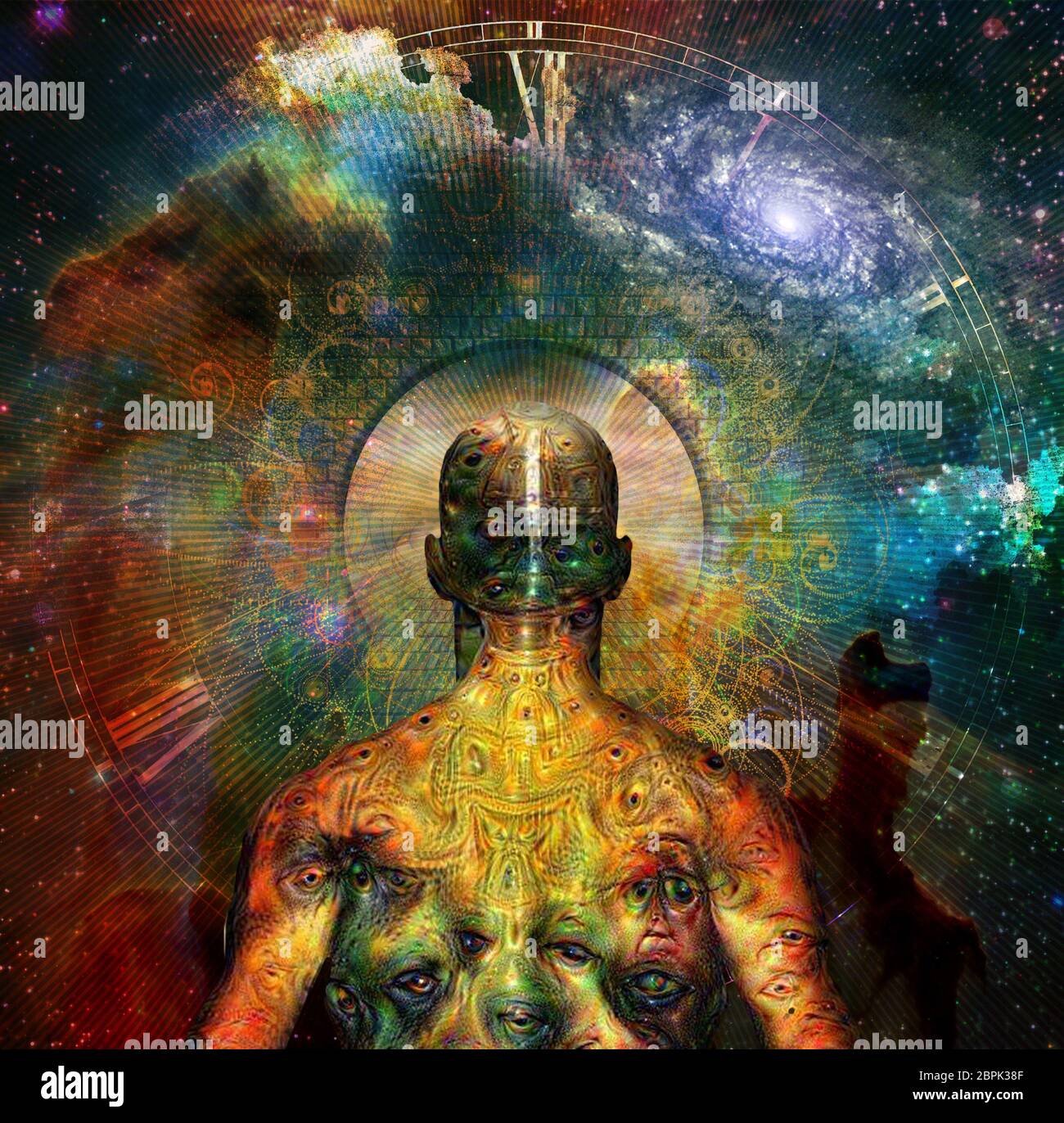 Surrealism. Figure of man with weird demonic eyes on his skin stands ...