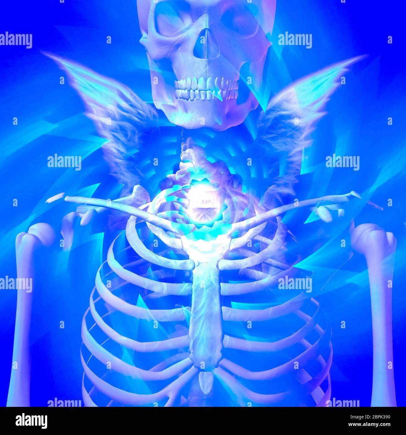 Dark Angel. Winged skeleton in blue light Stock Photo - Alamy