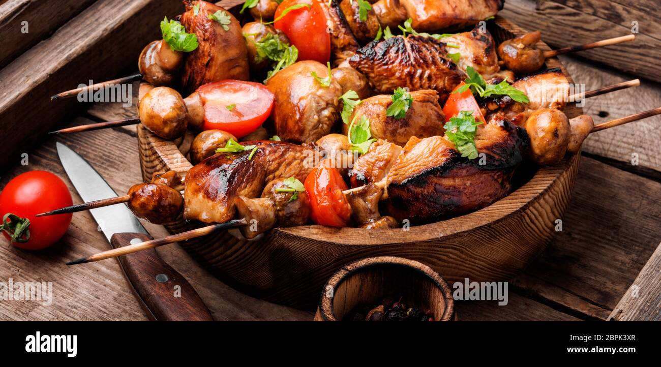 Meat shish kebab with mushrooms and spices.Traditional Russian shashlik ...