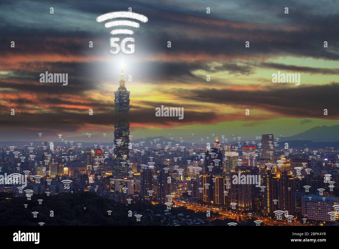 The Network connection technology in the city, with 5g internet ...