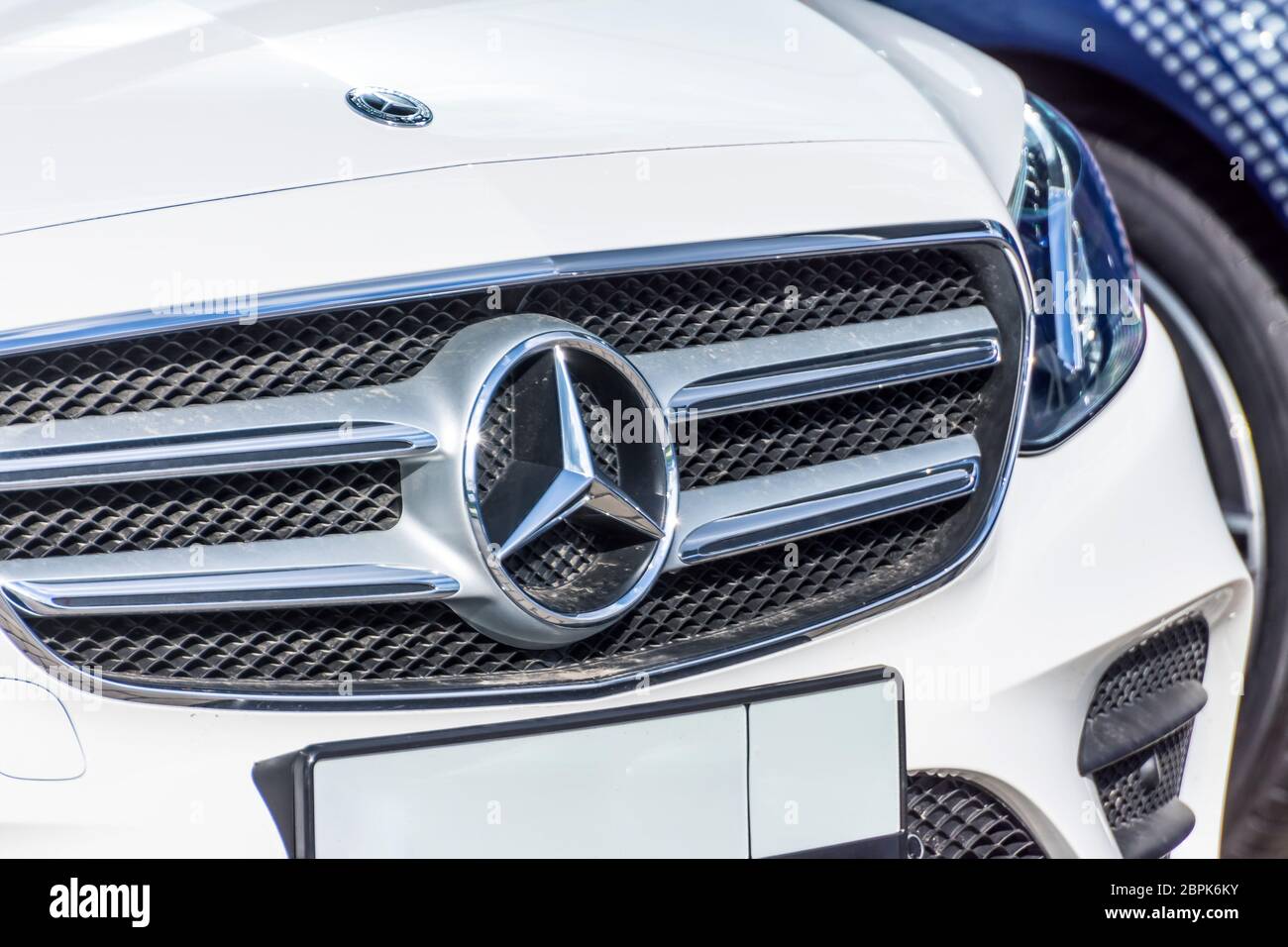 Mercedes Benz close-up of car with logo. Russia, Saint-Petersburg. 14 ...