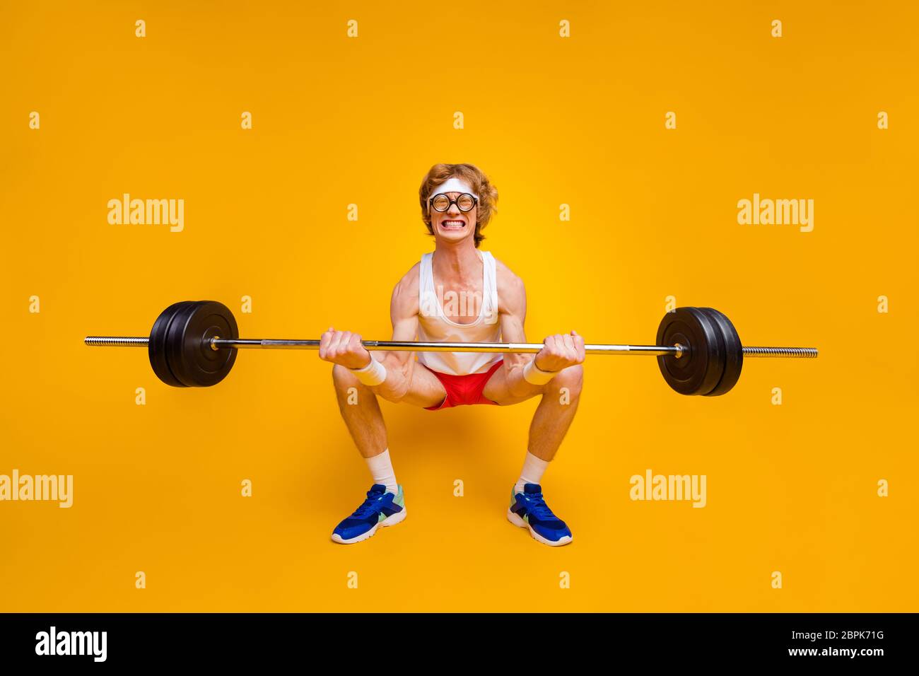 Full length body size view of nice funky motivated weak guy lifting ...