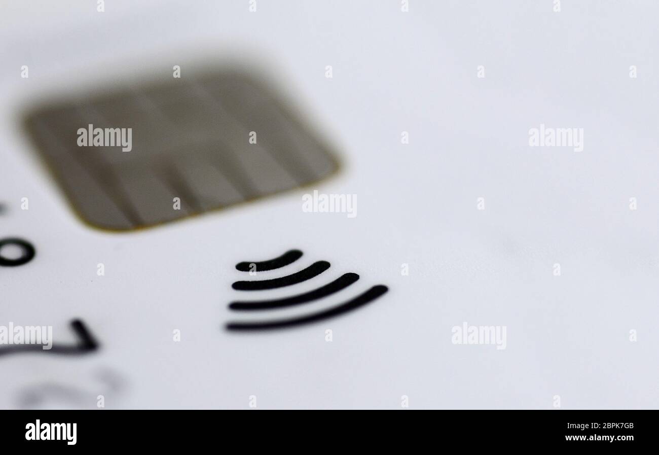 Macro shot of contactless credit card chip with typical sign Stock ...