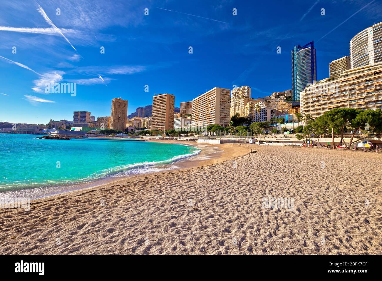 Les Plages skyline and emerald sand beach view, Principality of Monaco ...