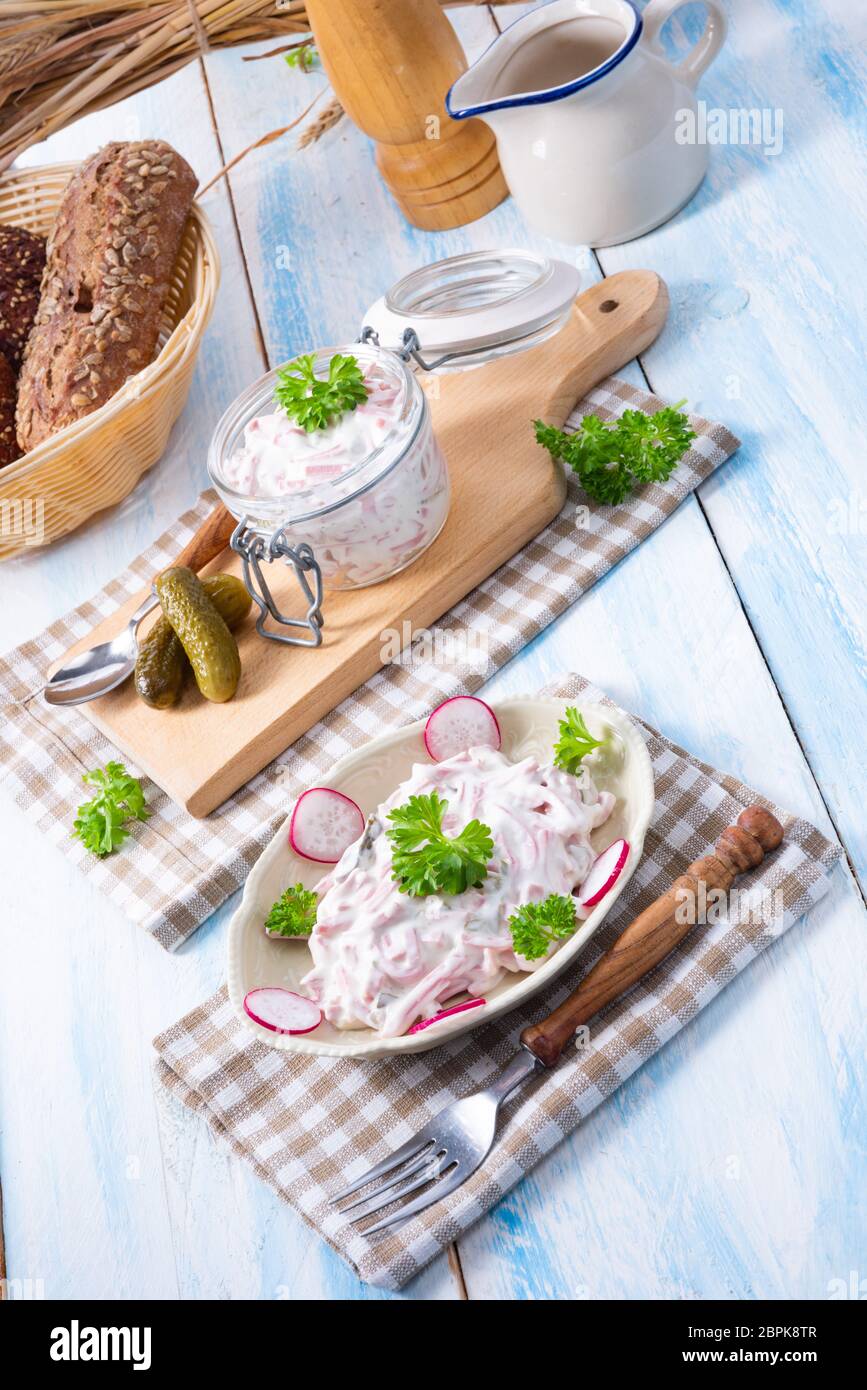 delicious homemade meat salad with mayonnaise and cucumber Stock Photo ...