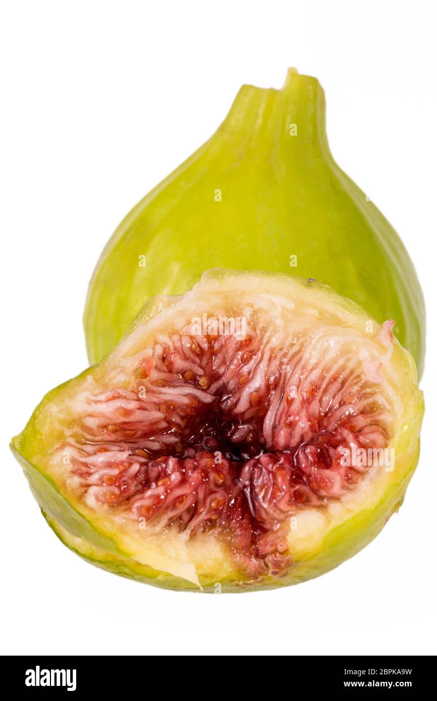 Fresh green figs isolated on white background, whole and half, close up ...