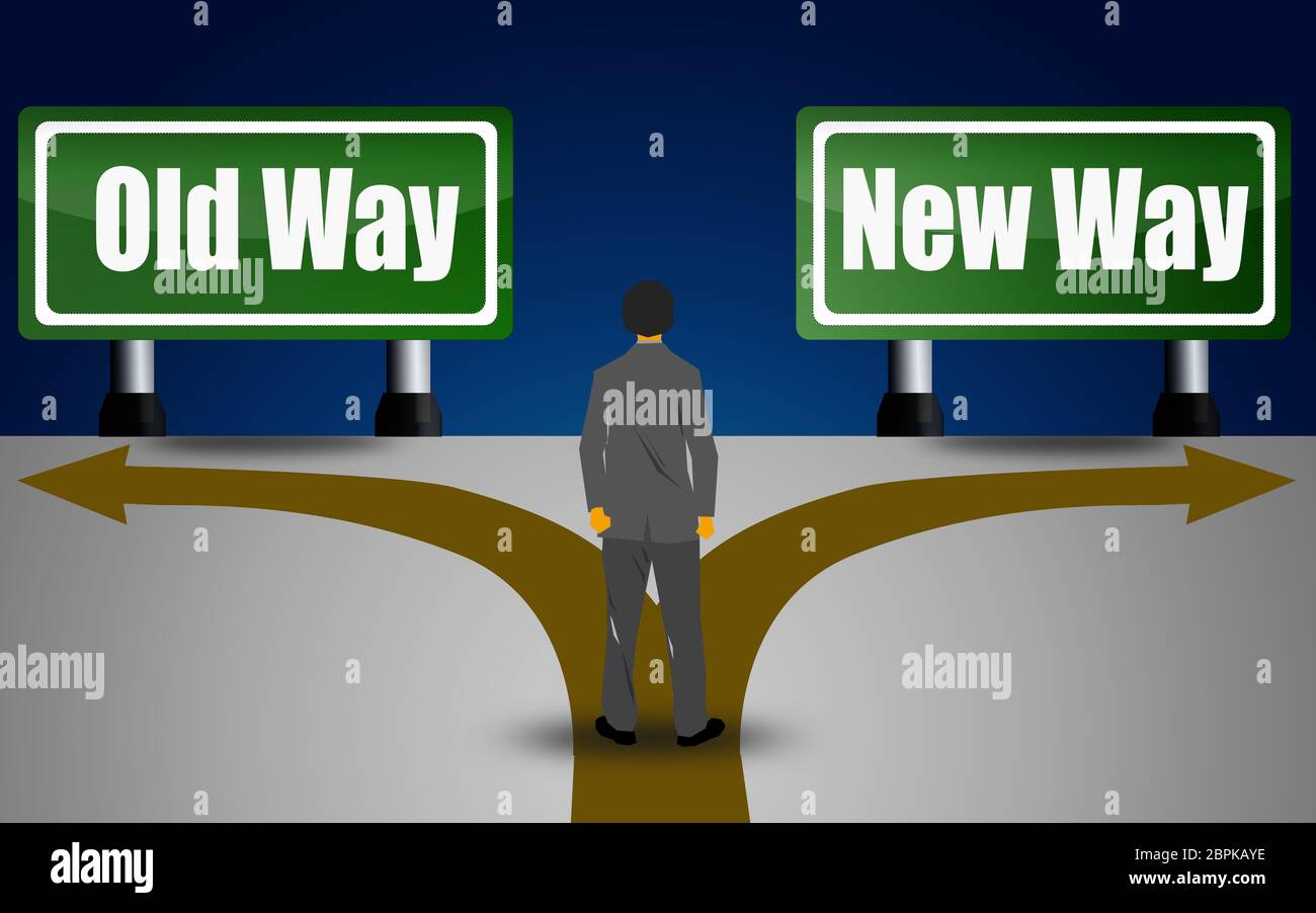 Two green direction signs, Old Way or New Way, 3D rendering Stock Photo ...