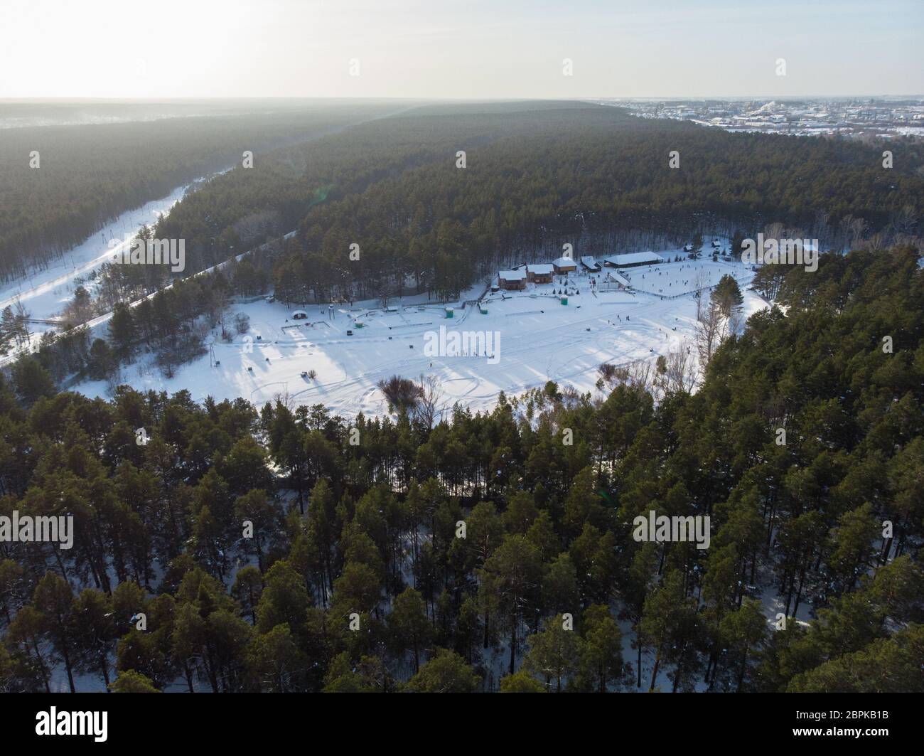 Aerial view of winter ski base in siberian forest Stock Photo - Alamy