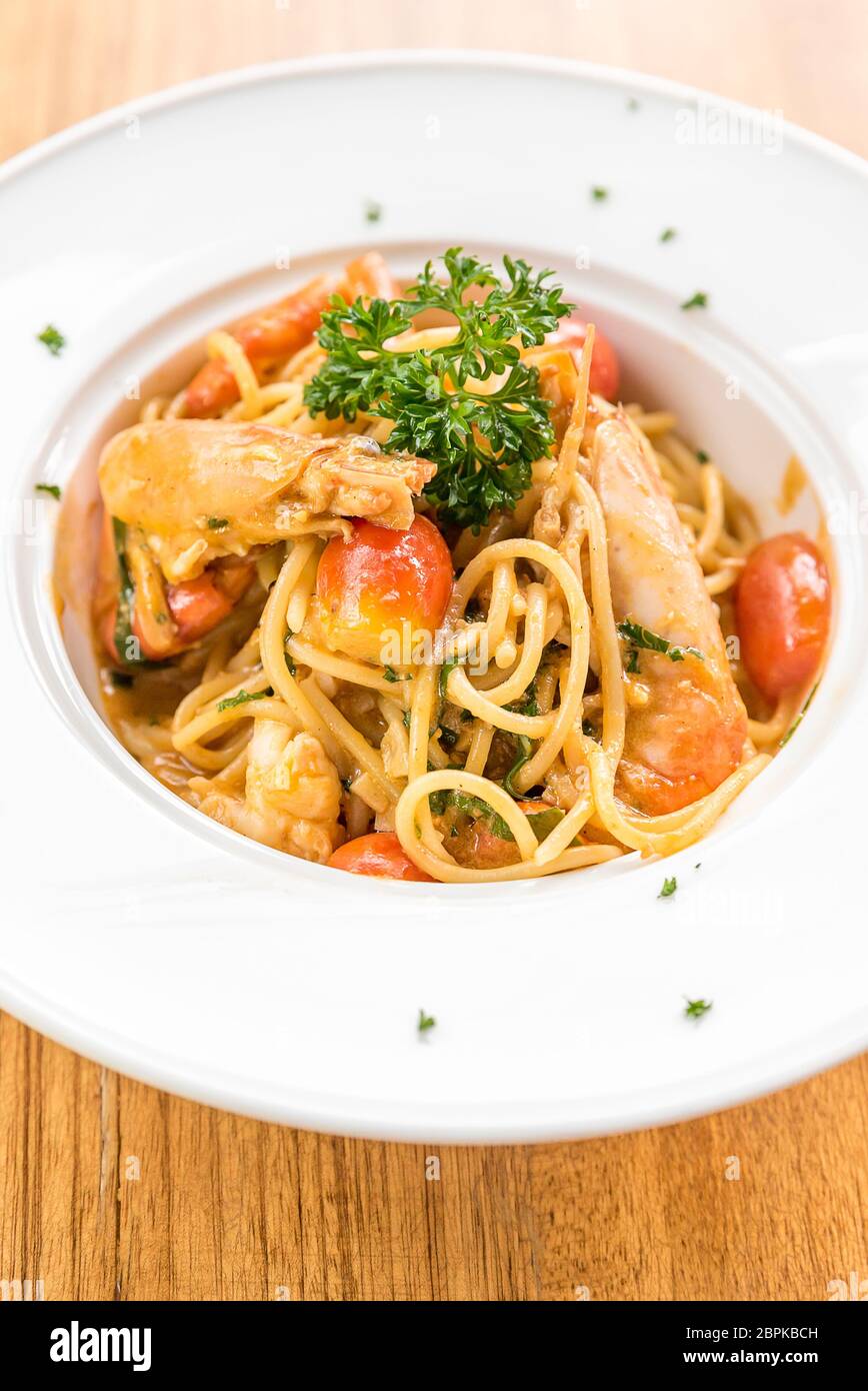 Prawn Pasta with Lobster bisque sauce Stock Photo - Alamy