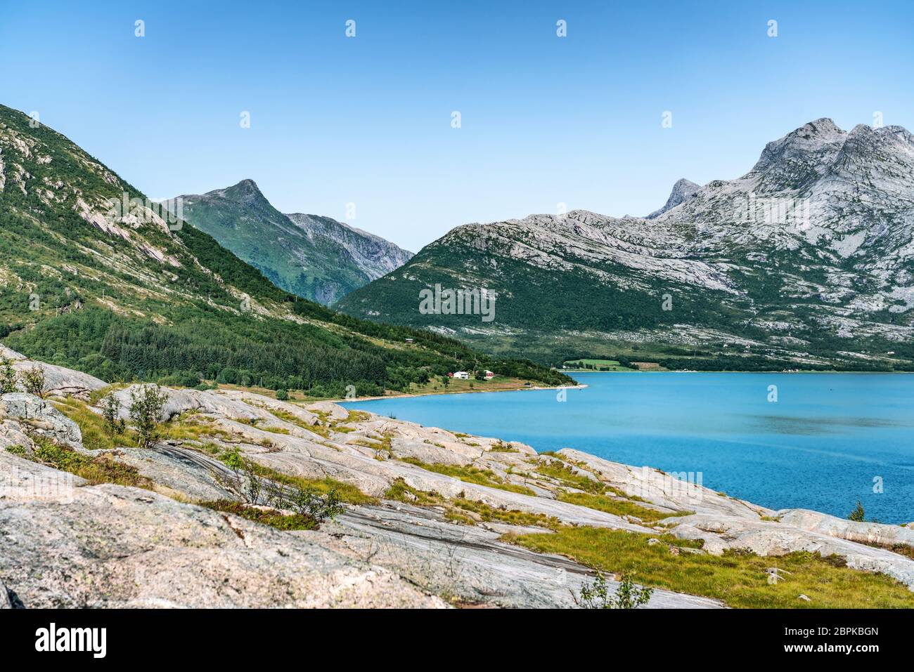 View at calm bay in Norway, between Nesna and Maela villages, blue ...