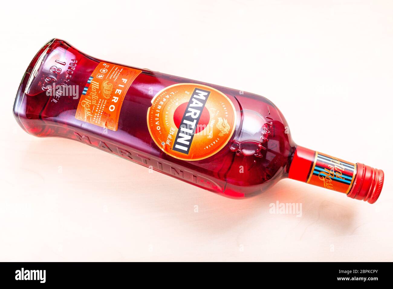 MOSCOW, RUSSIA - MAY 10, 2020: top view of lying bottle of Martini ...