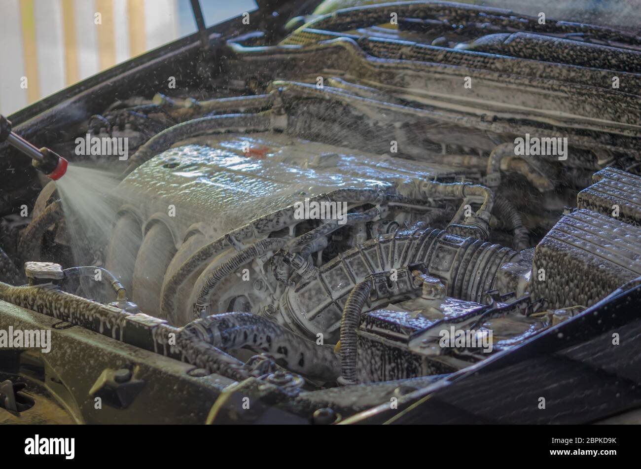 Car engine wash. With car wash foam Stock Photo - Alamy