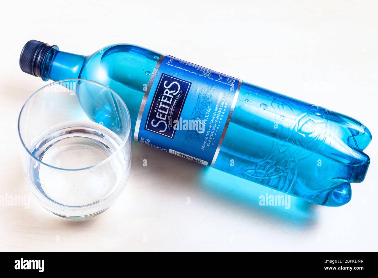 MOSCOW, RUSSIA - MAY 10, 2020: top view of lying plastic bottle of ...