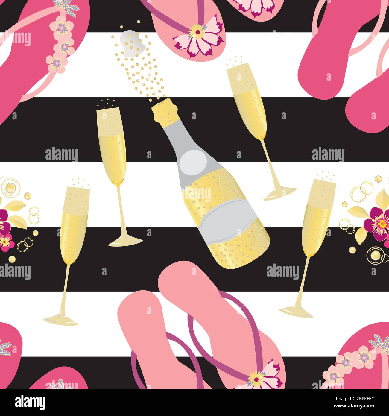 Flip flop shoe and Champagne icons vector seamless pattern background. Pink gold bottles ...