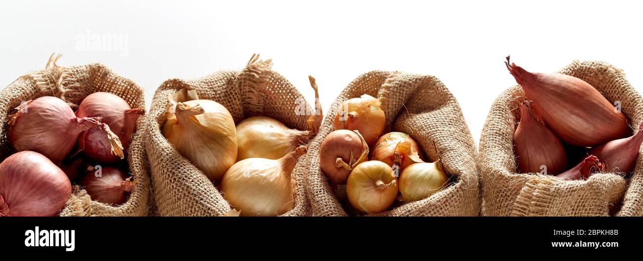 Row of sacks with different kinds of onion, sorted in different bags ...