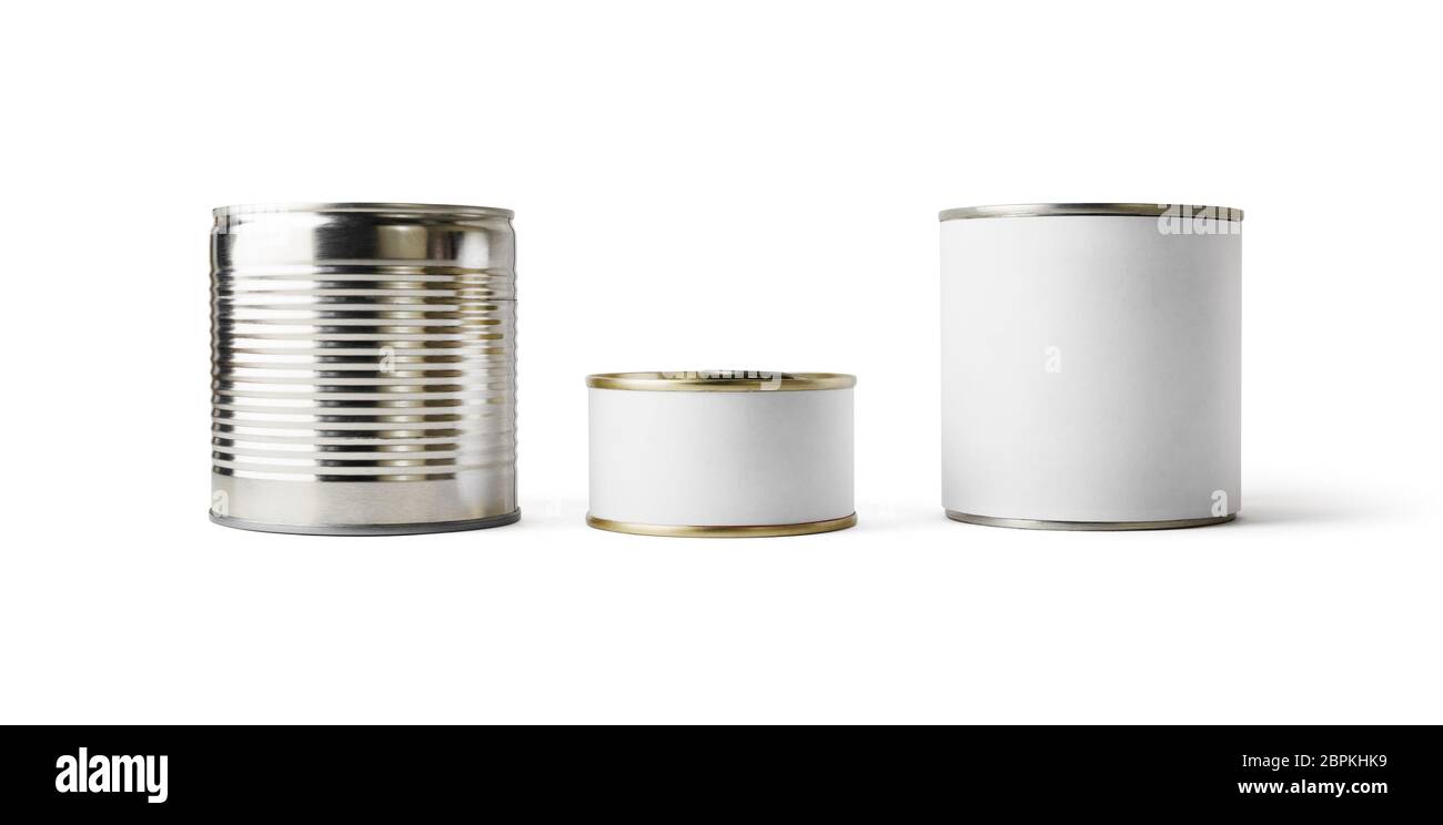 Three blank tin cans isolated on white background. Ready for your ...