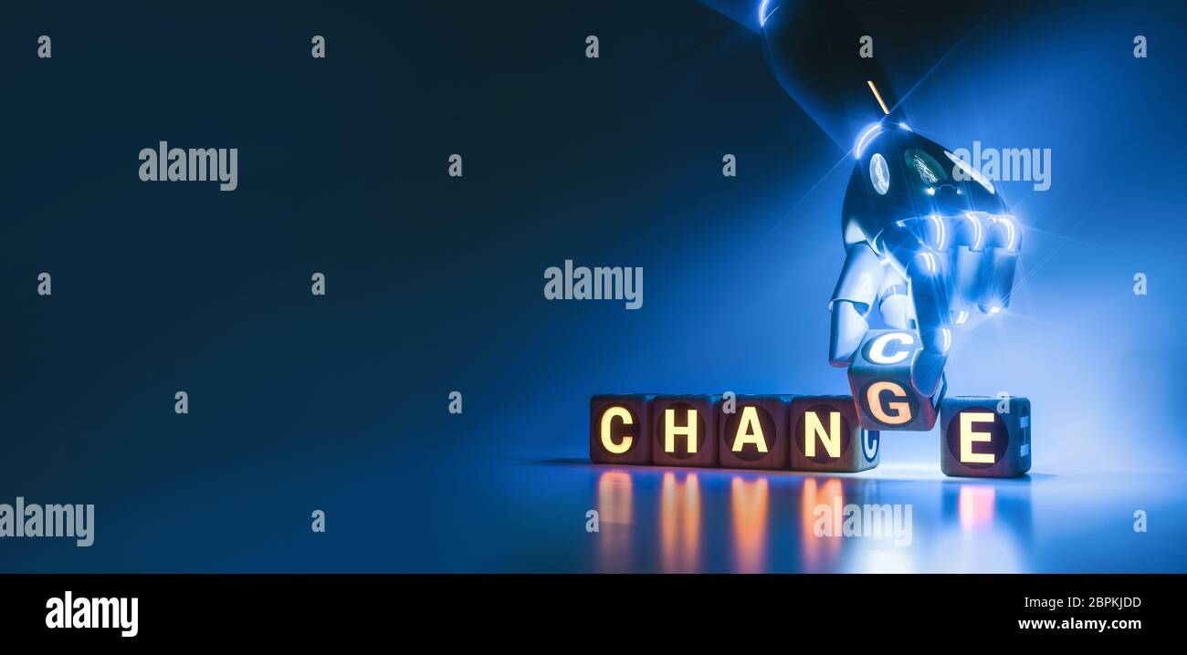 cyborg robot hand changes text cube from change to chance - ai concept ...