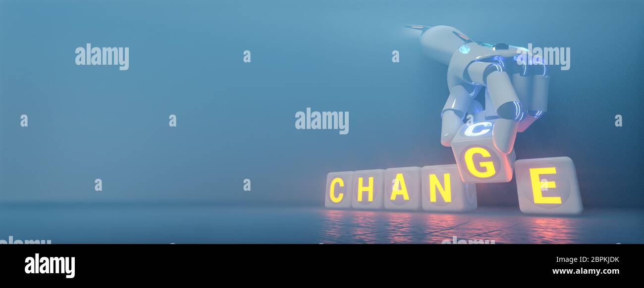 cyborg robot hand changes text cube from change to chance - ai concept ...