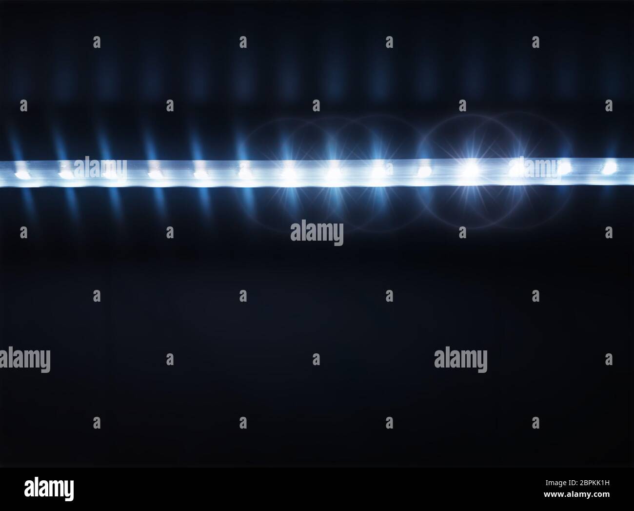 Line of blue led lamps with light flare background Stock Photo - Alamy