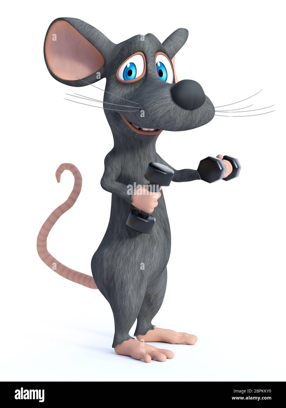 3D rendering of a cute smiling cartoon mouse exercising with dumbbells ...
