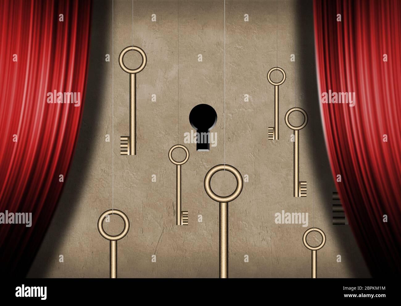 Symbolism. Bronze keys on a thread, keyhole on a scene wall. Red ...
