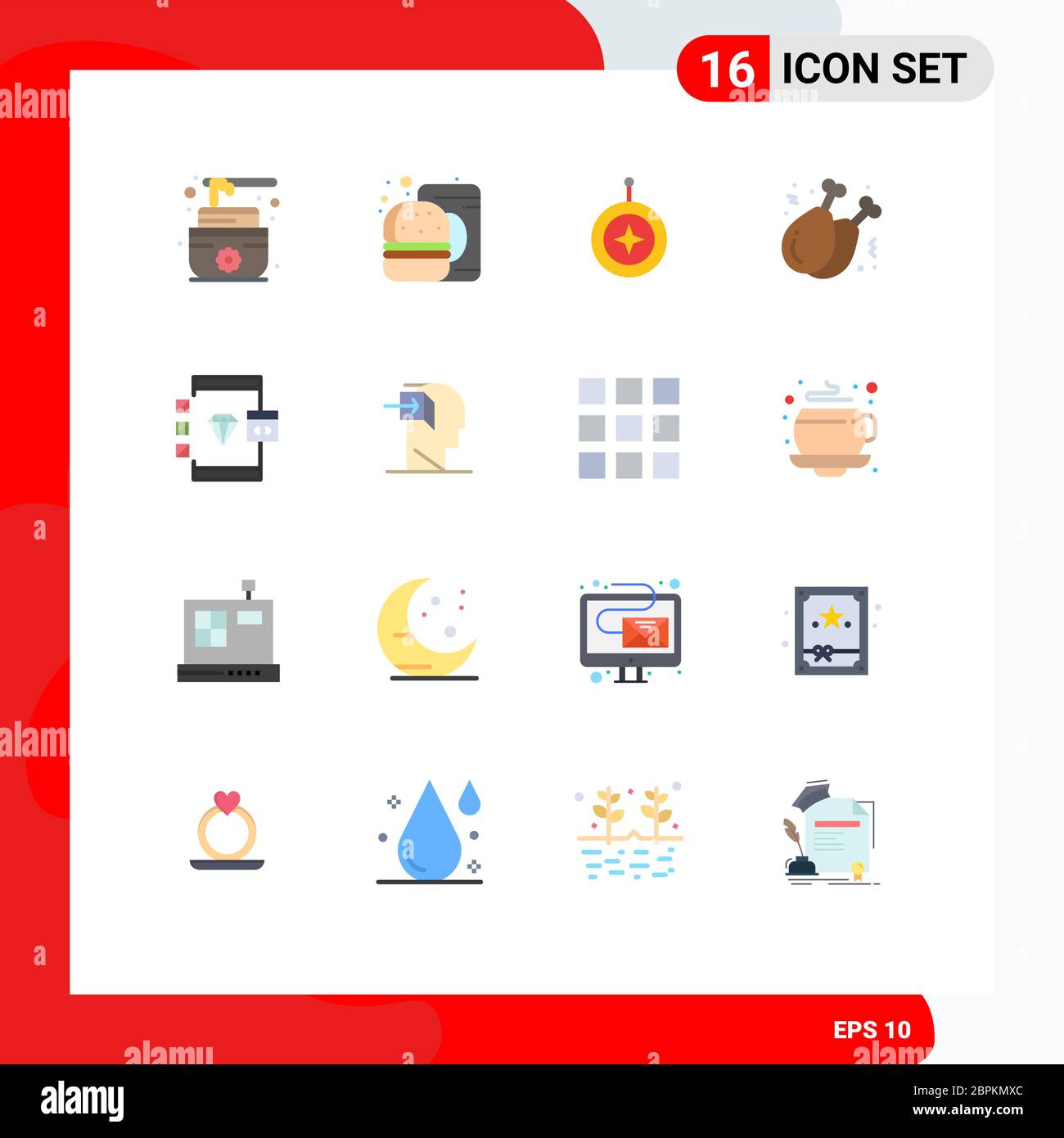 Set of 16 Modern UI Icons Symbols Signs for browser, leg, star, food, chicken leg Editable Pack ...