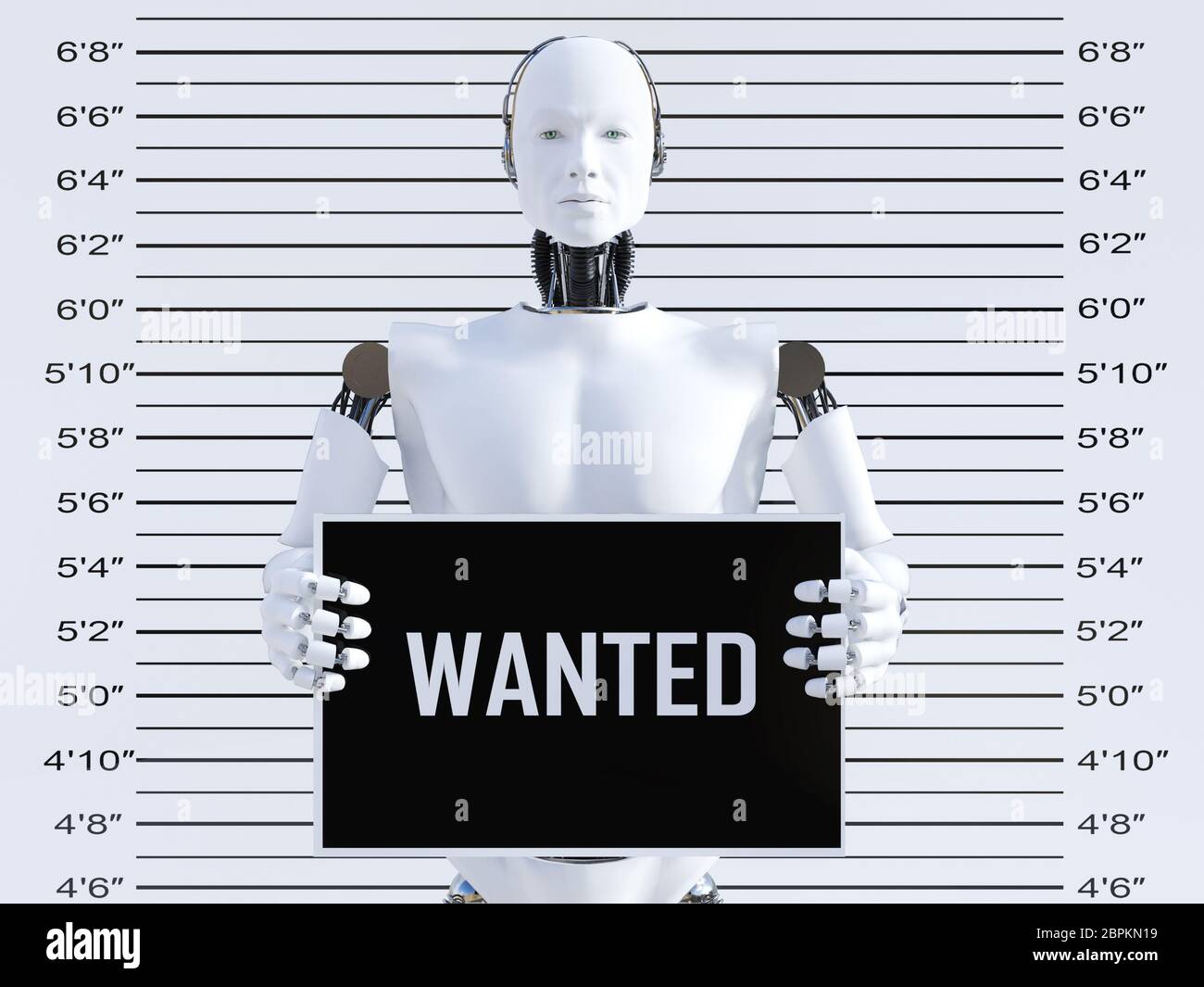 3D rendering of a male robot holding a Wanted sign while getting his ...