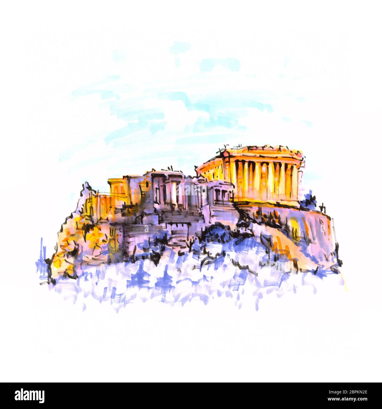 Acropolis Hill, crowned with Parthenon during evening blue hour in Athens, Greece. Picture made ...